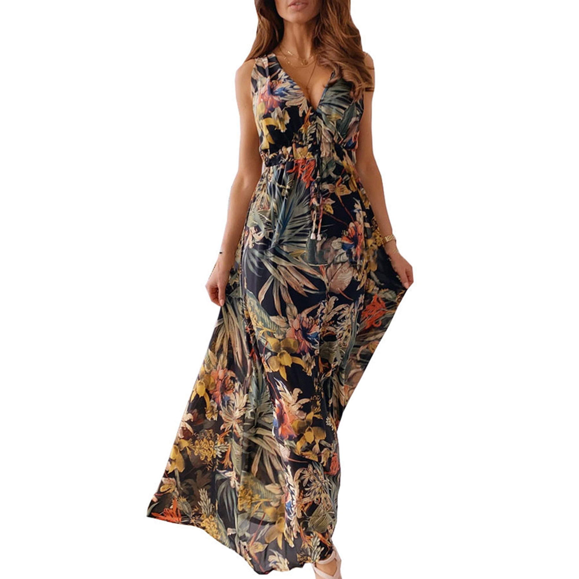 Womens Sleeveless Floral Maxi Dresses V Neck Empire Waist Long Dresses