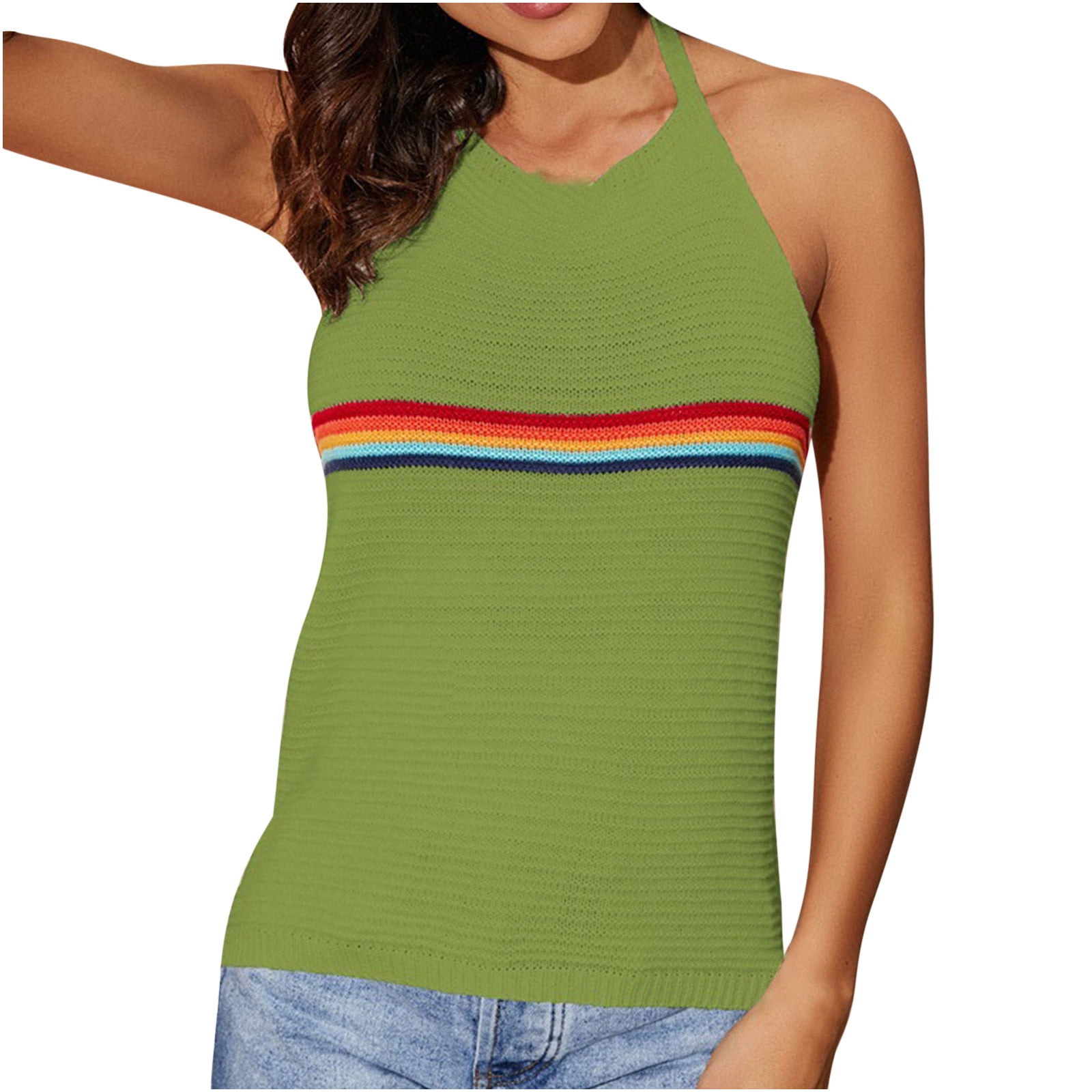 Women's Sleeveless Halter Tops Rainbow Stripes Patchwork Hanging Neck ...