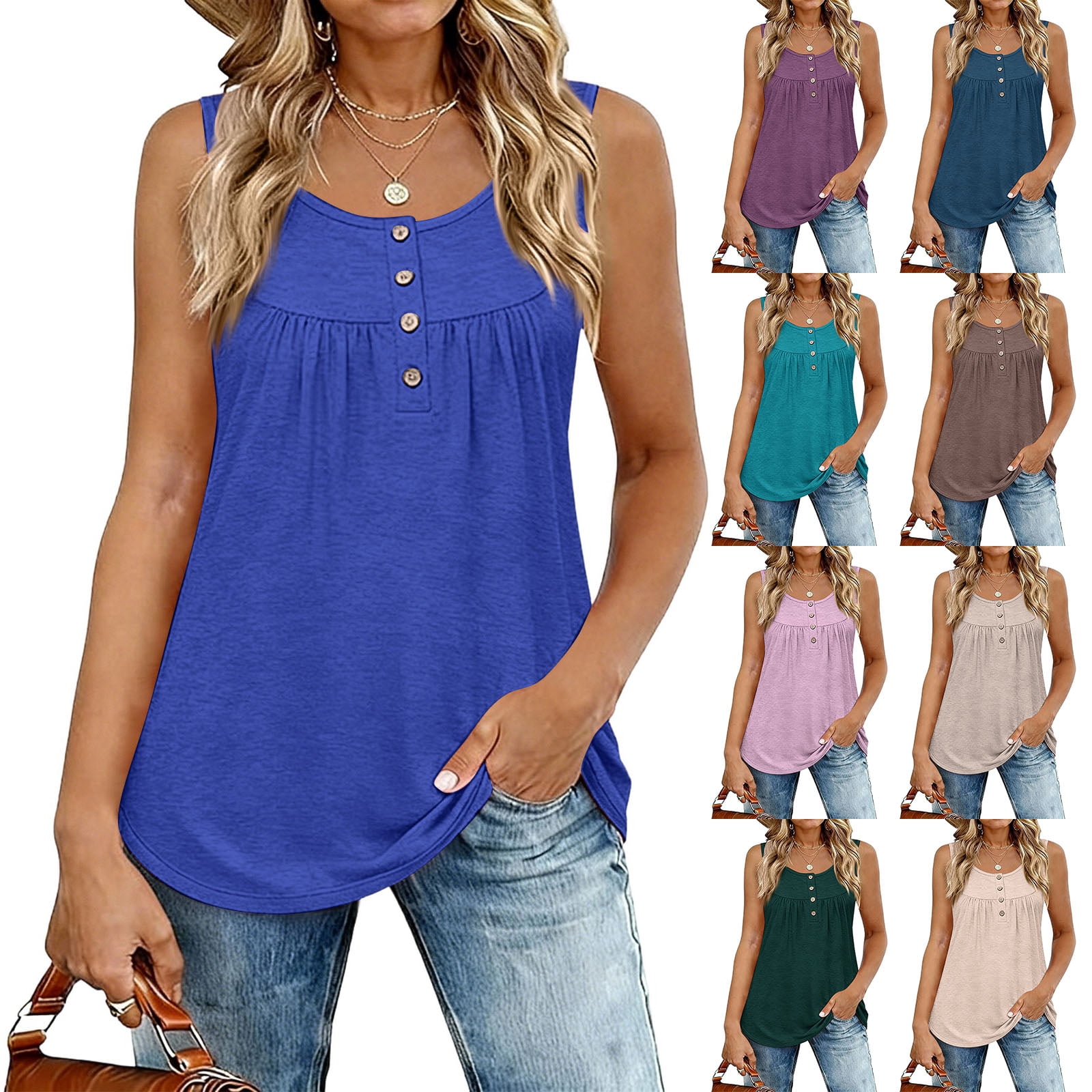 Women's Sleeveless Henley Tank Top Relaxed Fit Pleated Crew Neck Casual ...