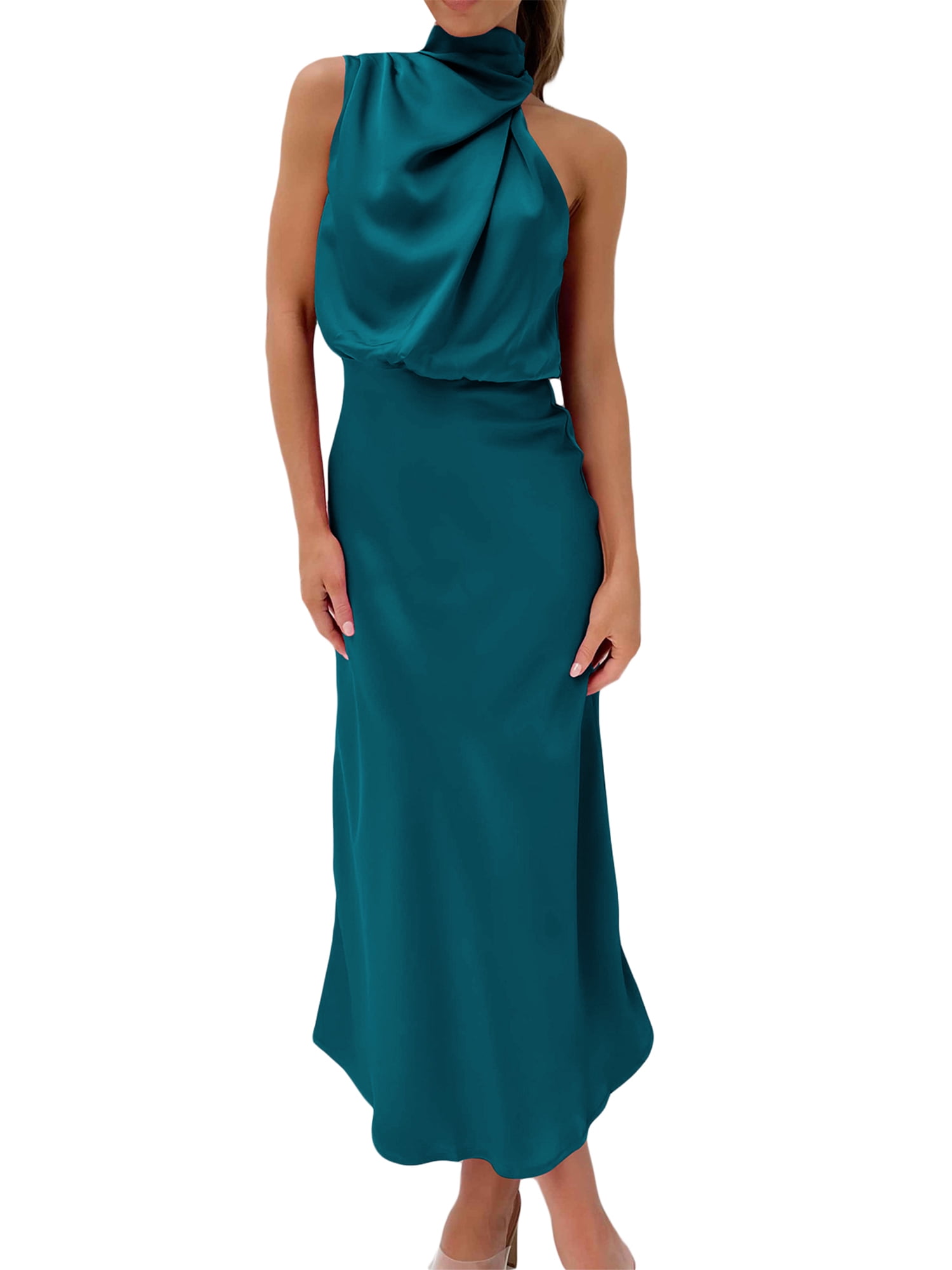 Women's Sleeveless Long Satin Dresses Mock Neck Keyhole Elastic High ...