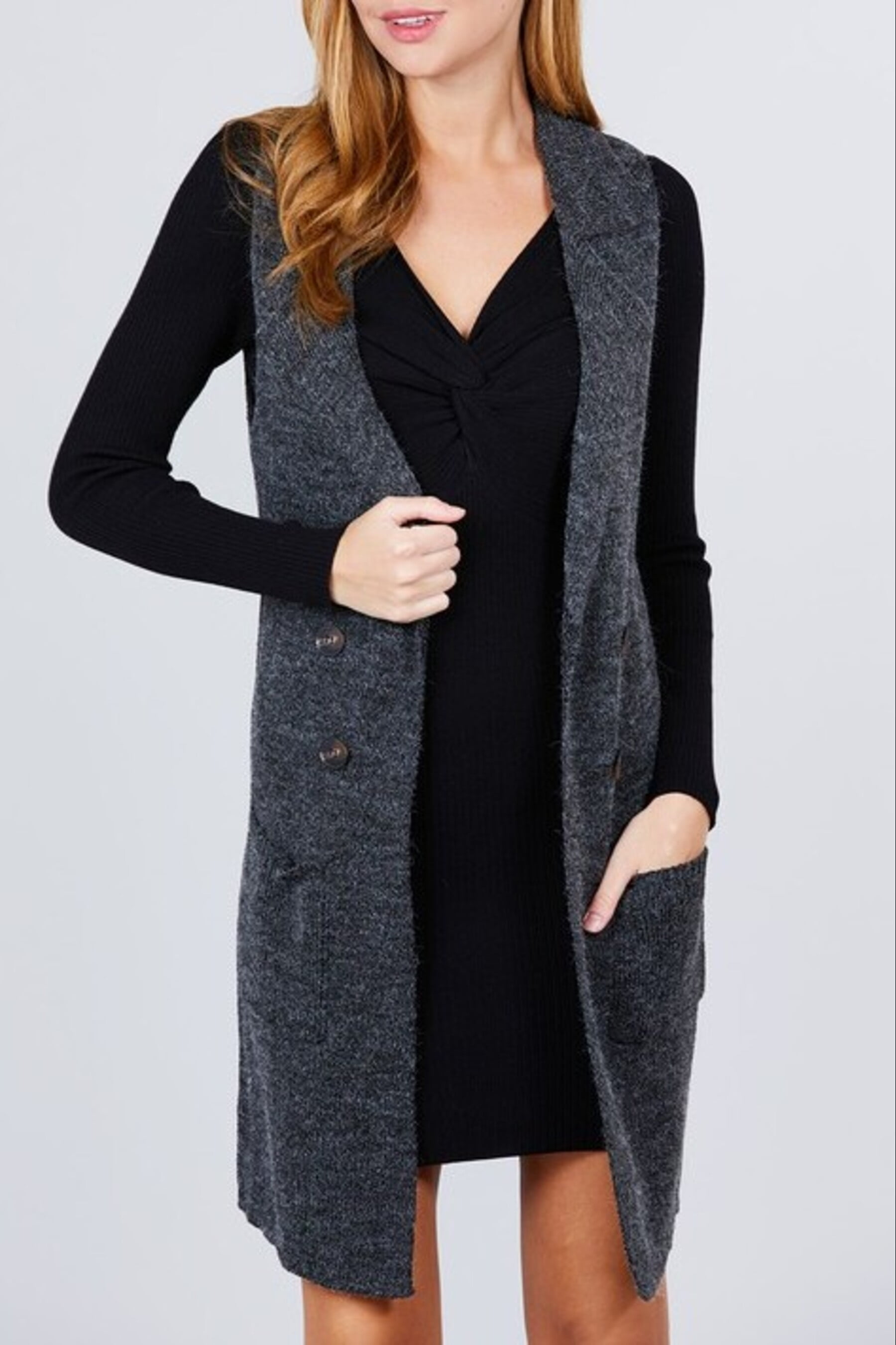 Women's Sleeveless Notched Collar Long Knit Sweater Vest with Side ...