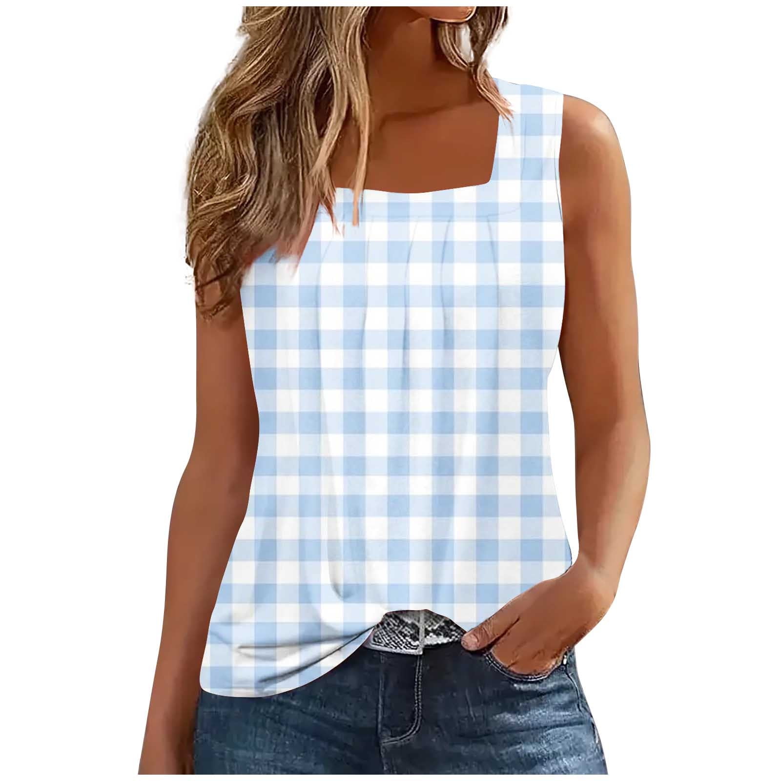 Womens Sleeveless Plaid Top Loose Fit Flowy Shirts Tees Square Neck