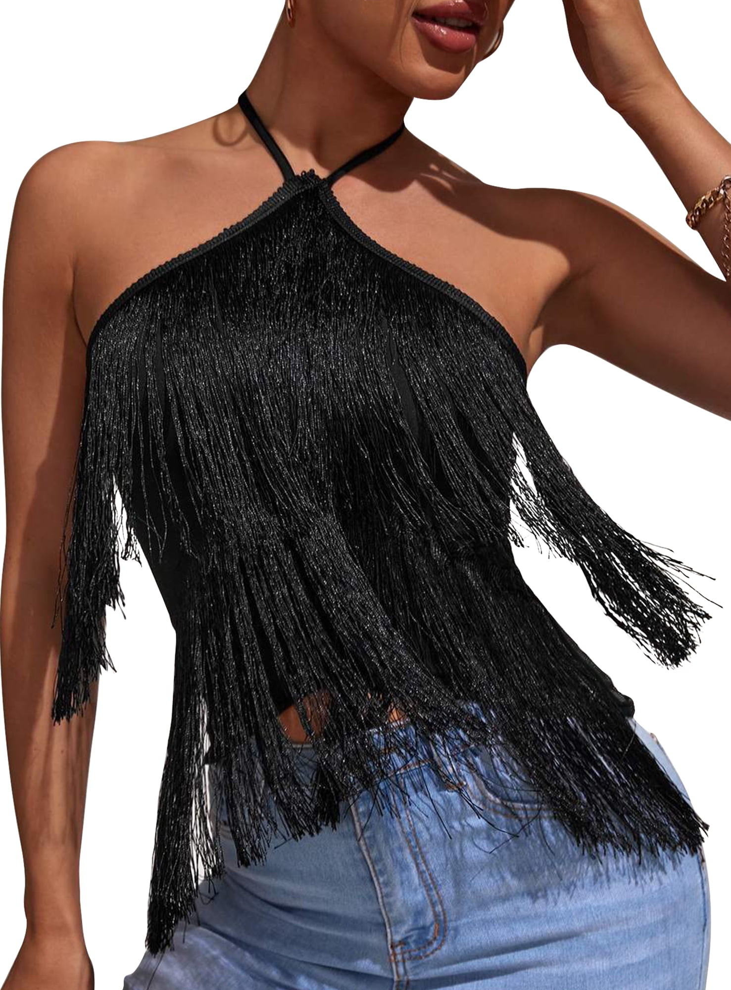 Women’s Sleeveless Tassel Halter Shirts Fashion Layered Fringe Trim ...