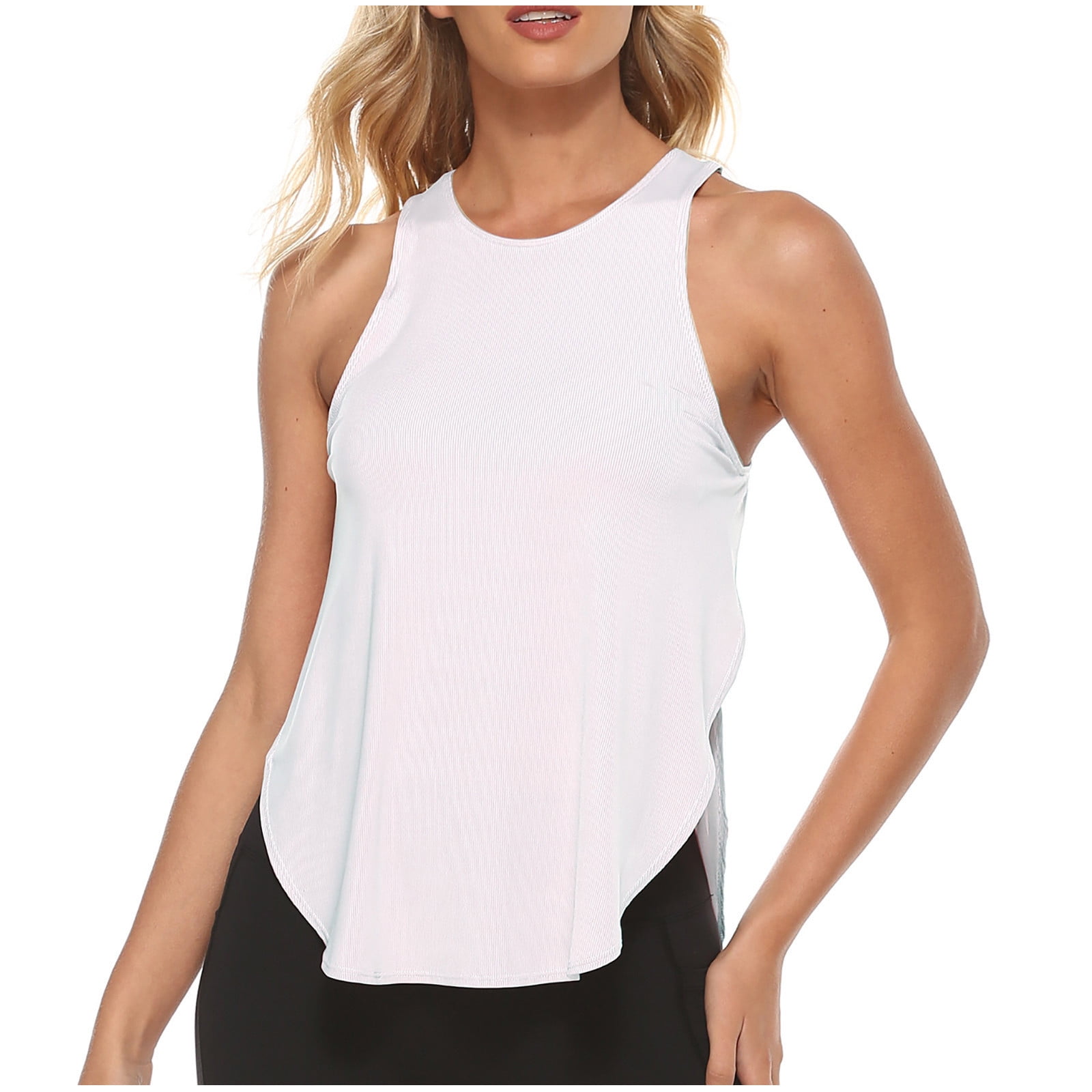 Women's Sleeveless Yoga Tops Sports Vest Cross Back T-shirt Side Slits ...