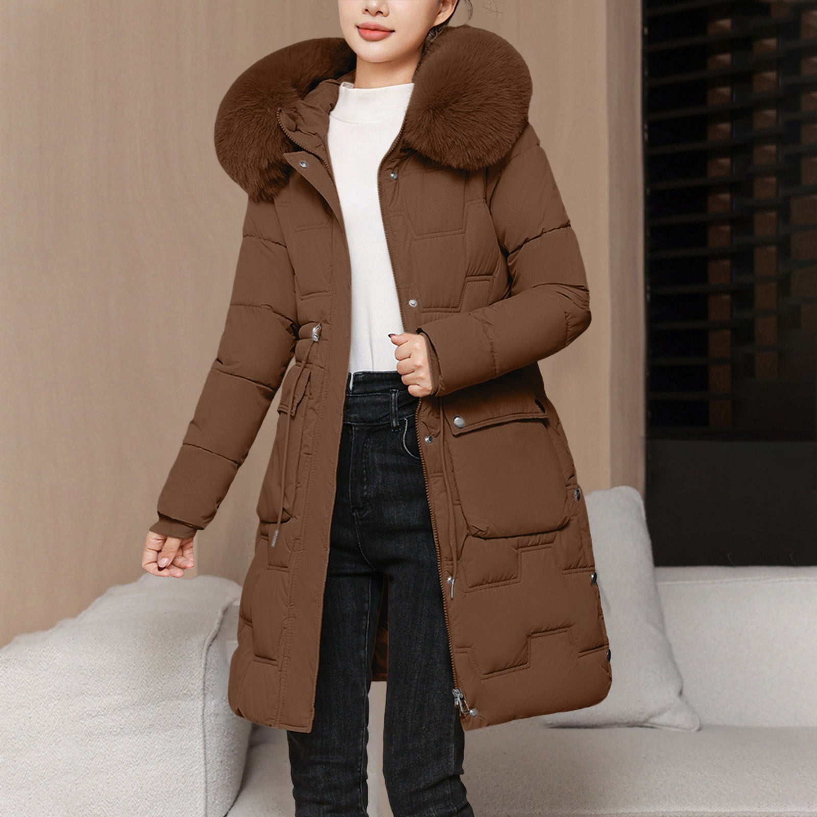 Women's Slim Fit Mid-Length Puffer Coat, Waist Defining Quilted Jacket ...
