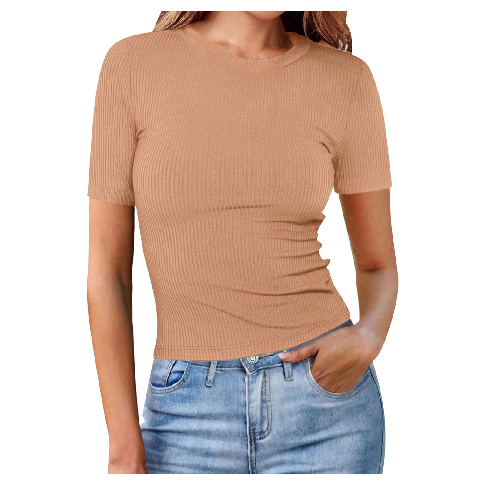 Women's Slim Fit Ribbed Knit Short Sleeve Crewneck Top Casual Basic Tee ...