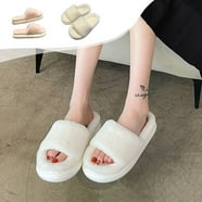 LORDFON Women's Fluffy Cross Band Open Toe House Slippers with Non-Slip Outsole and High Density ...