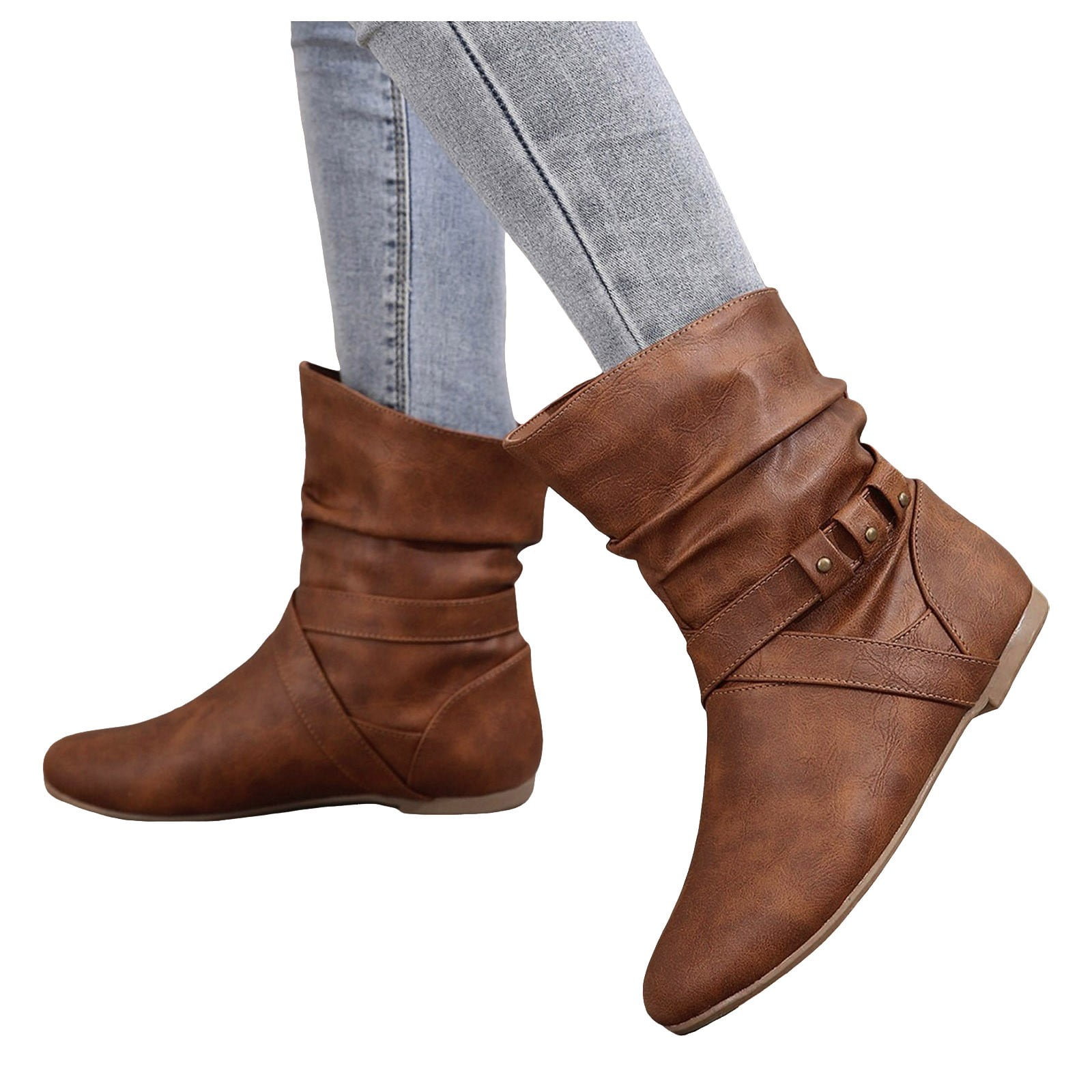 Women's Slouchy Wide Mid Calf Boots Vintage Leather No Heel Cowboy ...
