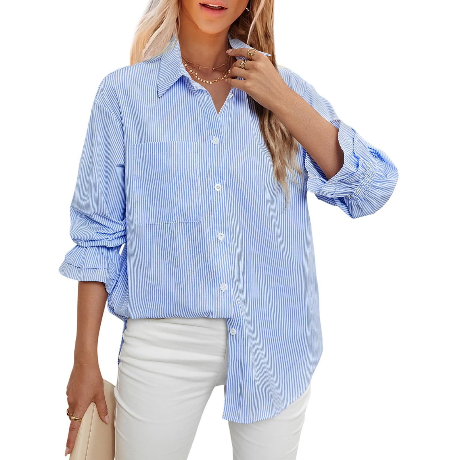 Women's Smocked Cuffed Stripe Boyfriend Button Down Shirts Collared ...
