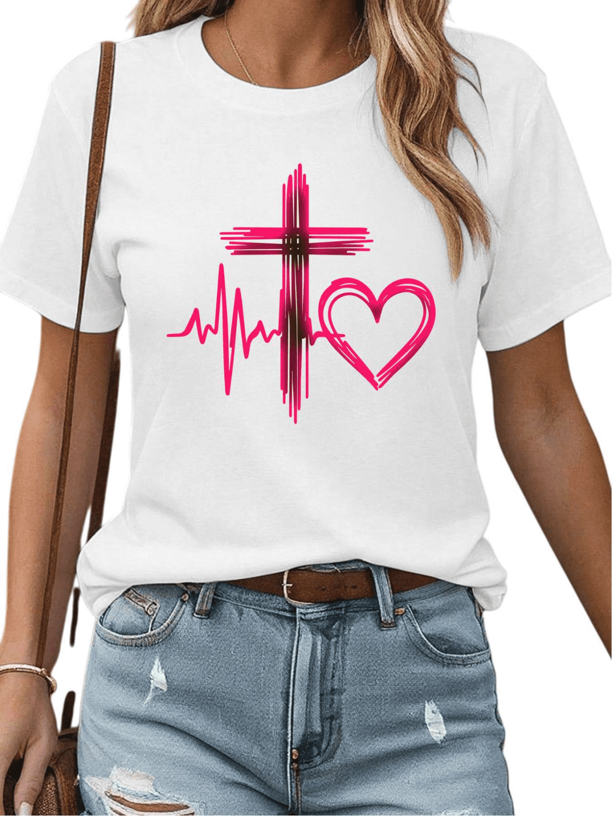 Women's Soft Cozy "Cross Heartbeat" Christian Graphic Cotton T Shirt Comfortable Short Sleeve ...