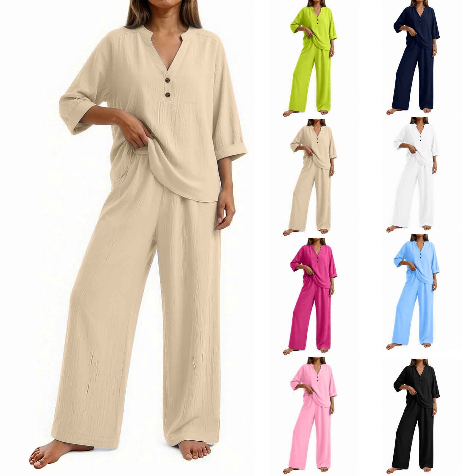 Women's Soft Fabric V Neck Button Down Top, Wide Leg Pant Set, Casual ...
