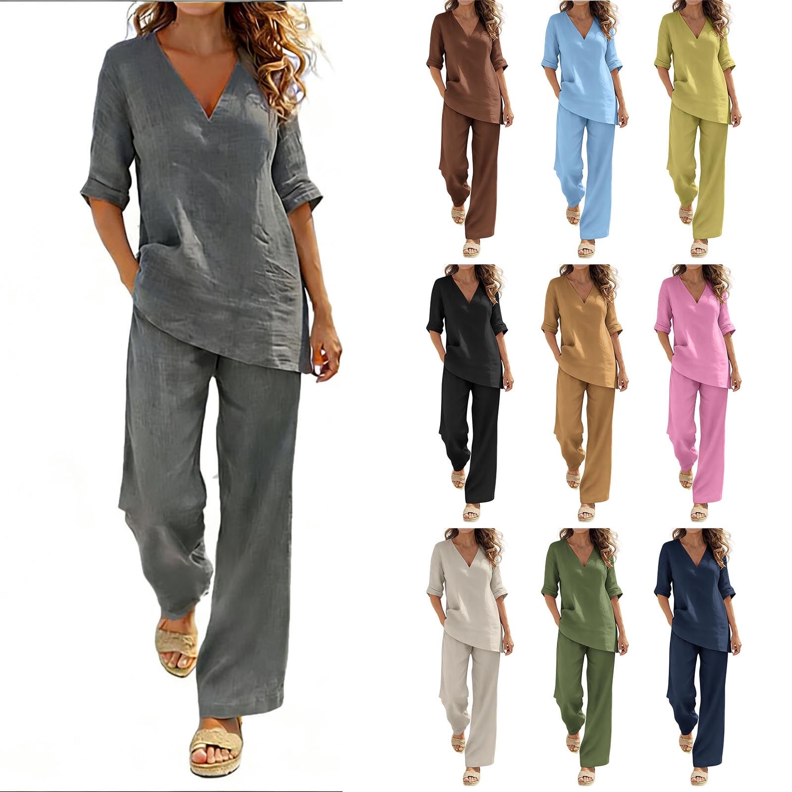 Women's Soft Fabric V-Neck Summer Two Piece Set, Wide Leg Cotton Blend ...