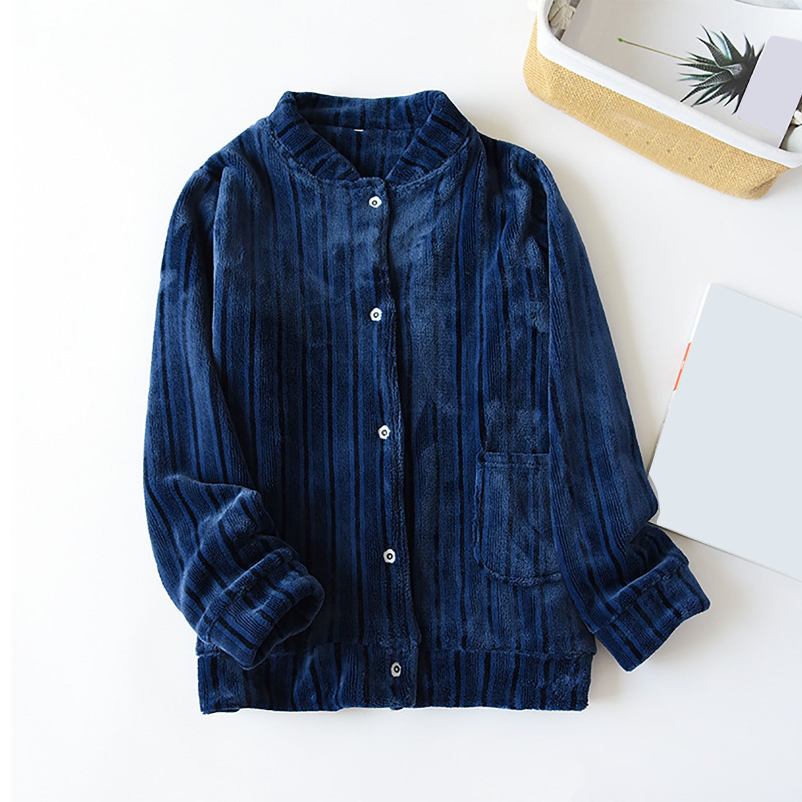Women 's Soft Fleece Lounge Jacket Casual Striped Long Sleeve Crew Neck ...