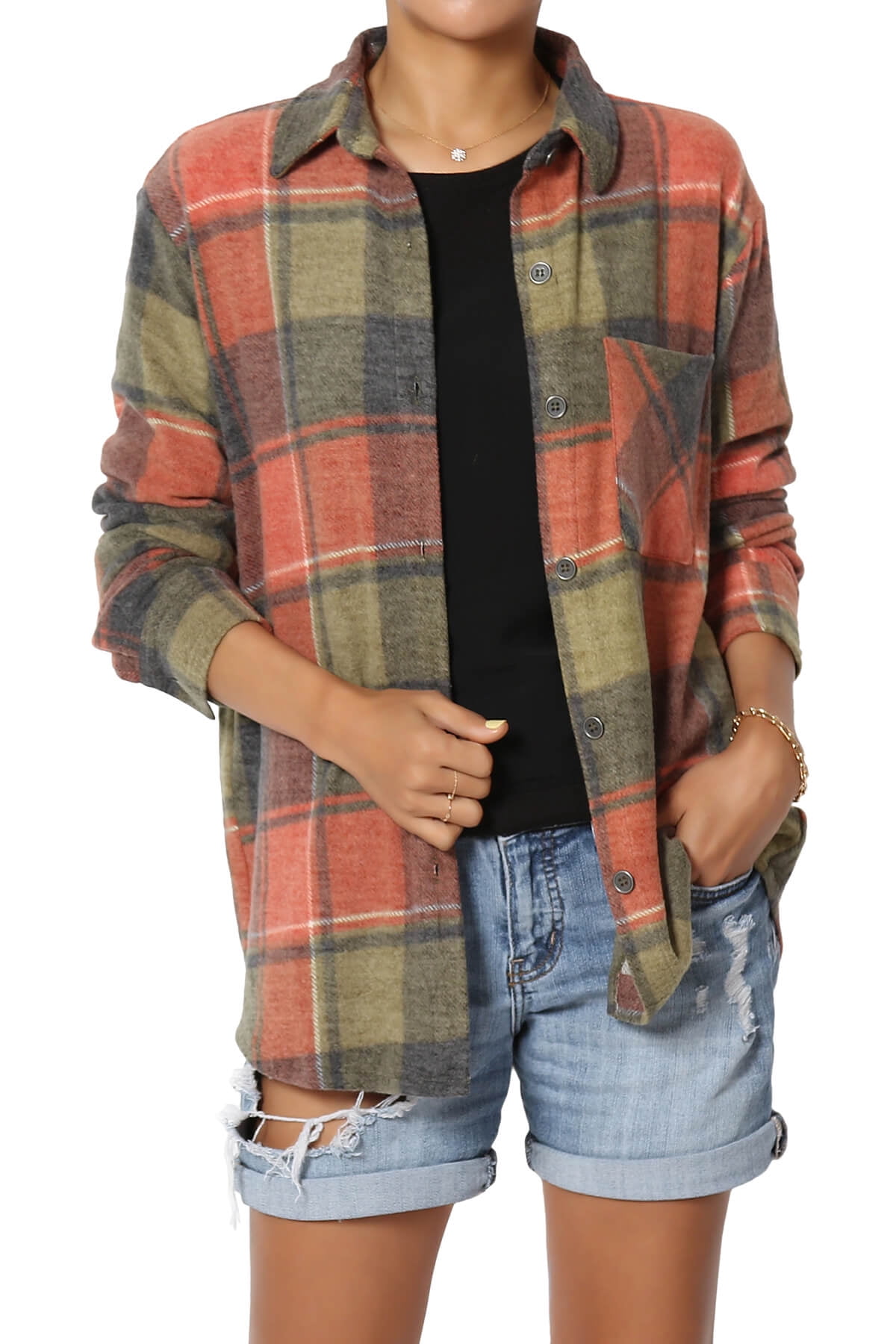 Women's Soft Fleece Plaid Check Button Front Shirt Pocket Long Sleeve ...