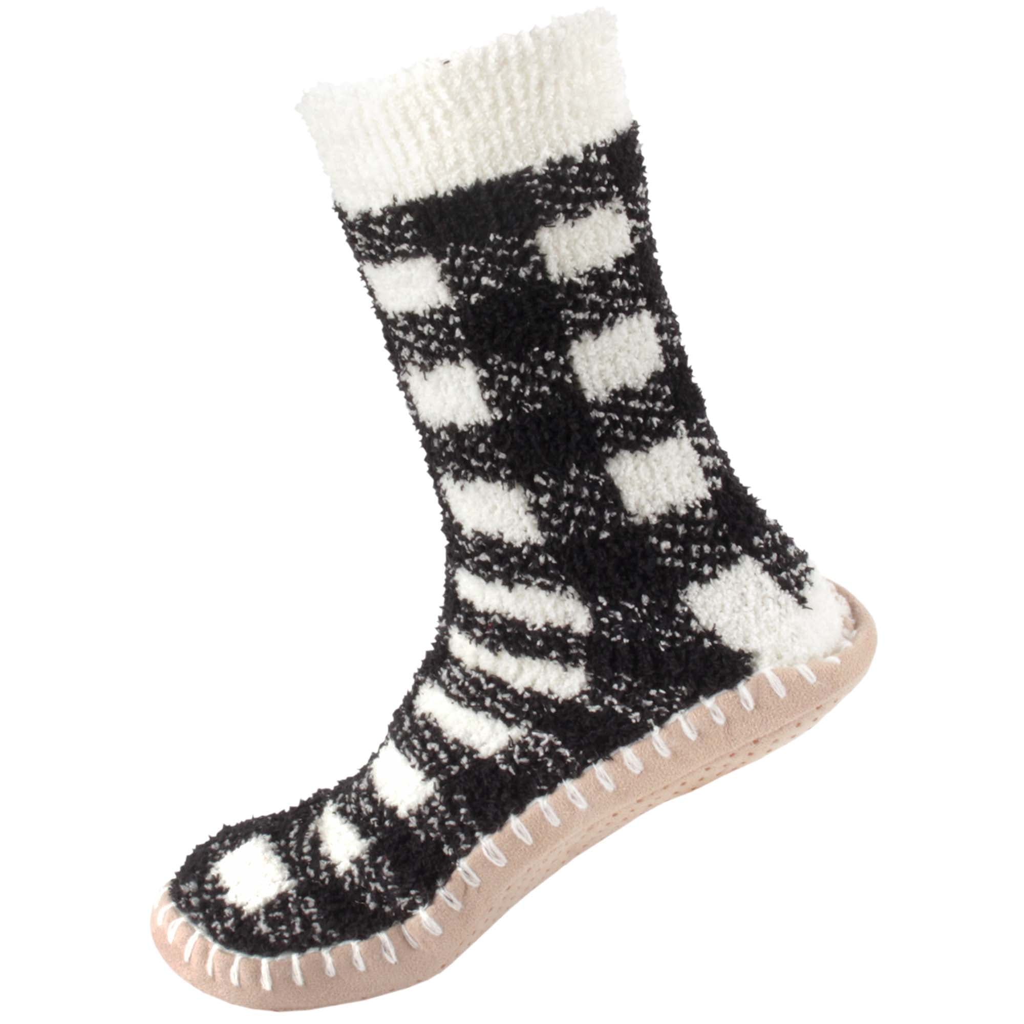 Women's Soft Fuzzy Furry Gripper Slipper Socks with Tassel - Gingham ...