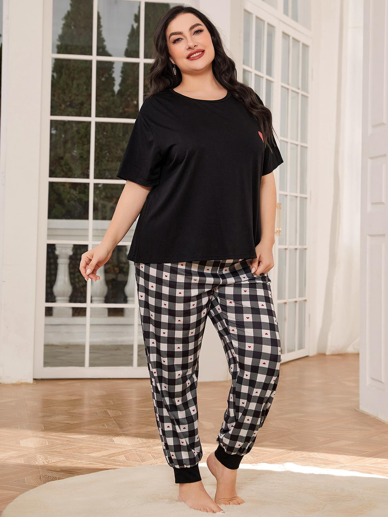 Women's Soft Plus Size Pajama Set Short Sleeve Plaid Jogger Pants ...