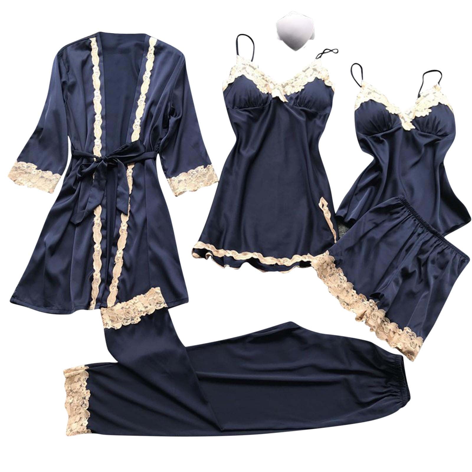 Women's Soft Silk Pajama Set Cami Top Nightgown Lace Night Robe ...