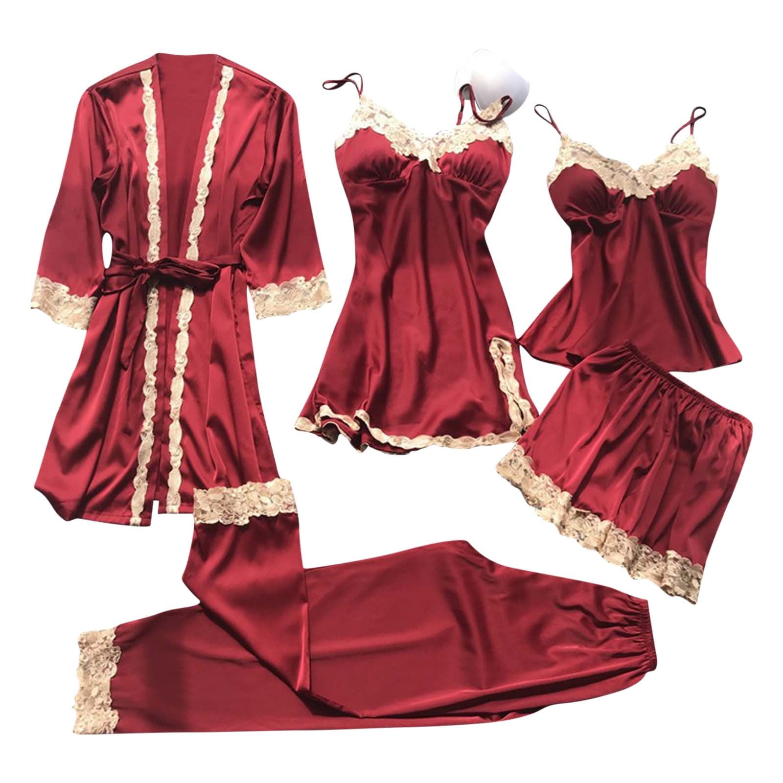 Women's Soft Silk Pajama Set Cami Top Nightgown Lace Night Robe ...