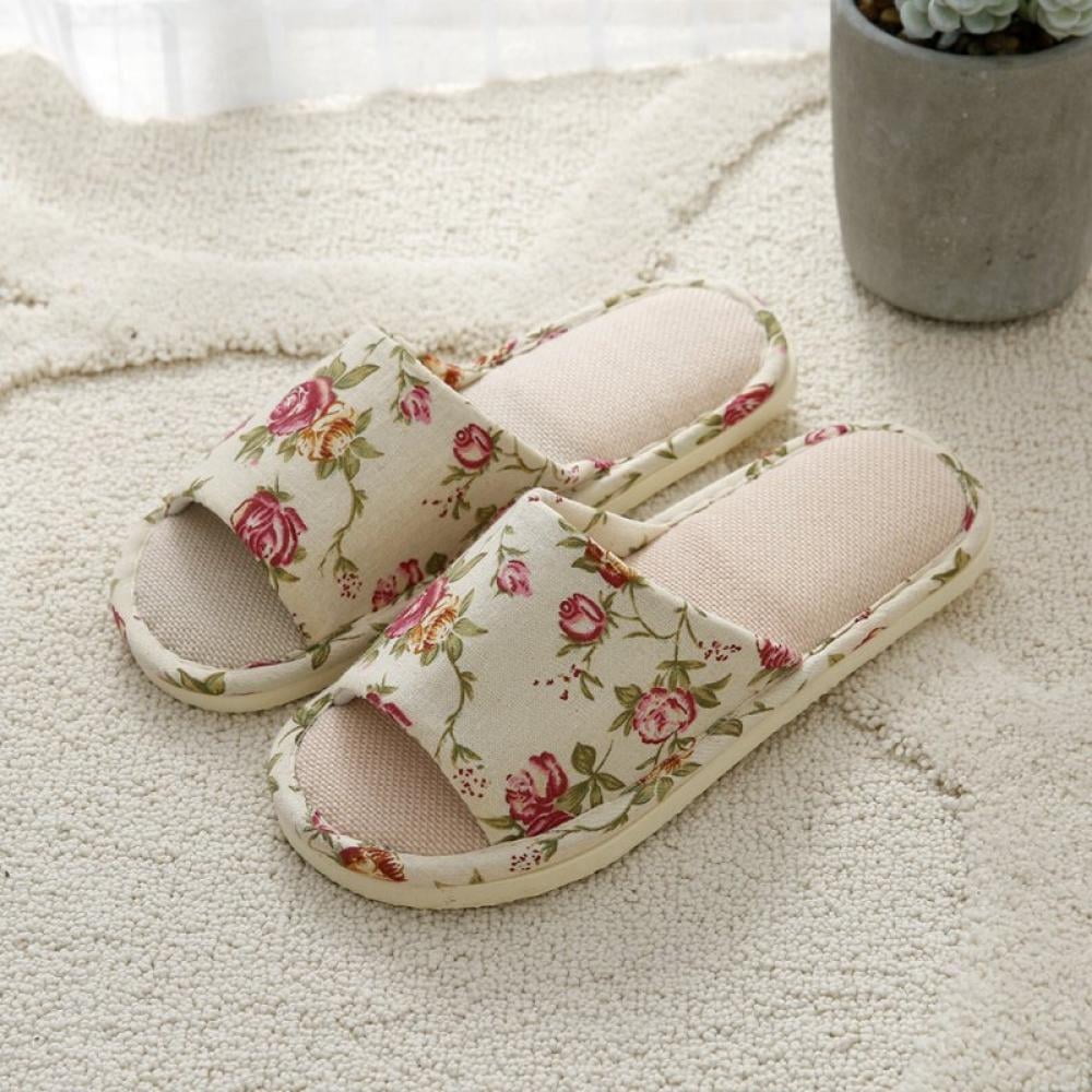 Women's Soft Slippers Open Toe Cotton Memory Foam Slip-on Home Shoes Linen House Slippers Use ...