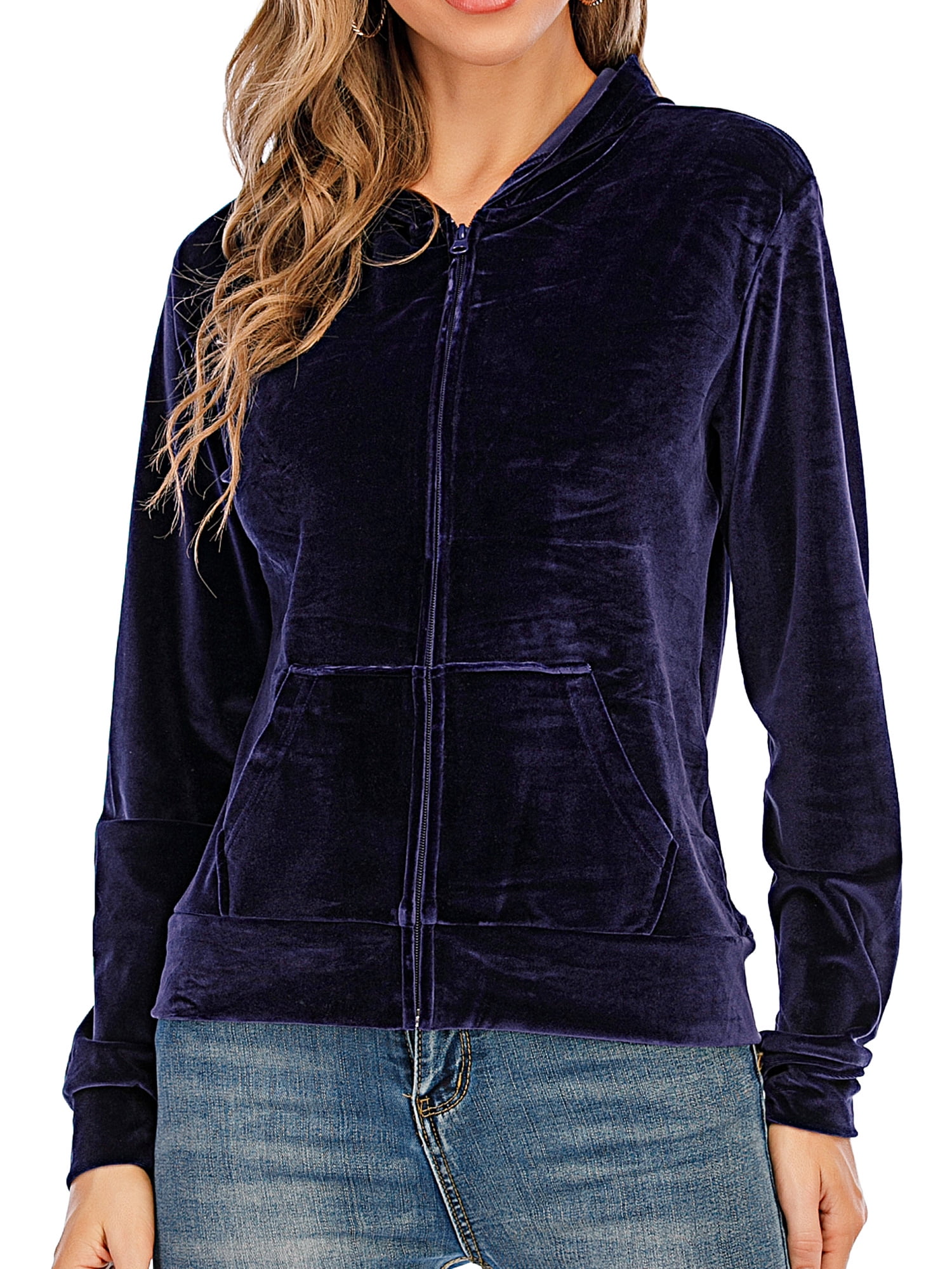 Women's Soft Velour Zipper-Up Track Jacket with Hoodie Velour ...