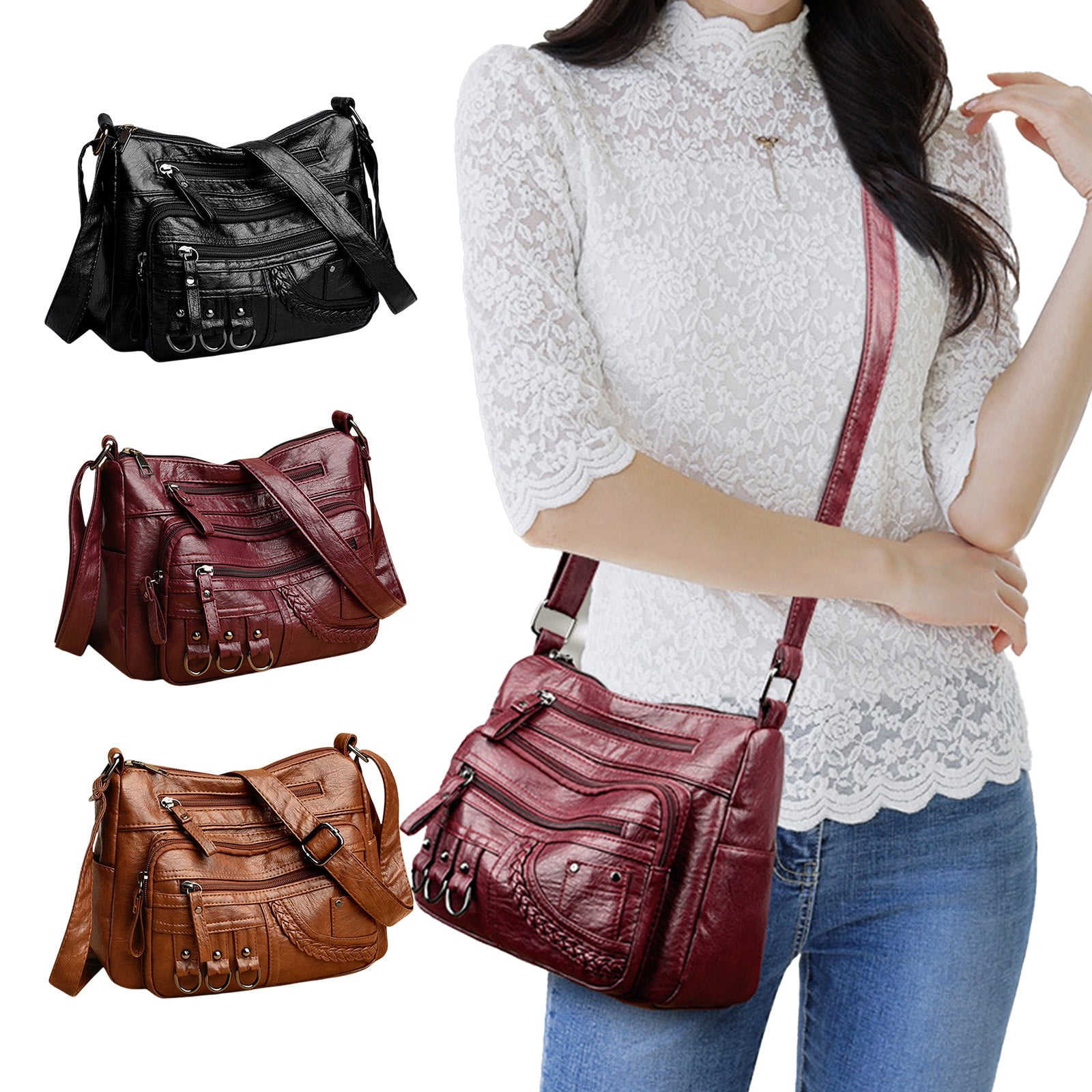 Women's Soft Washed Leather Shoulder Bag with Multiple Zippers Spacious ...