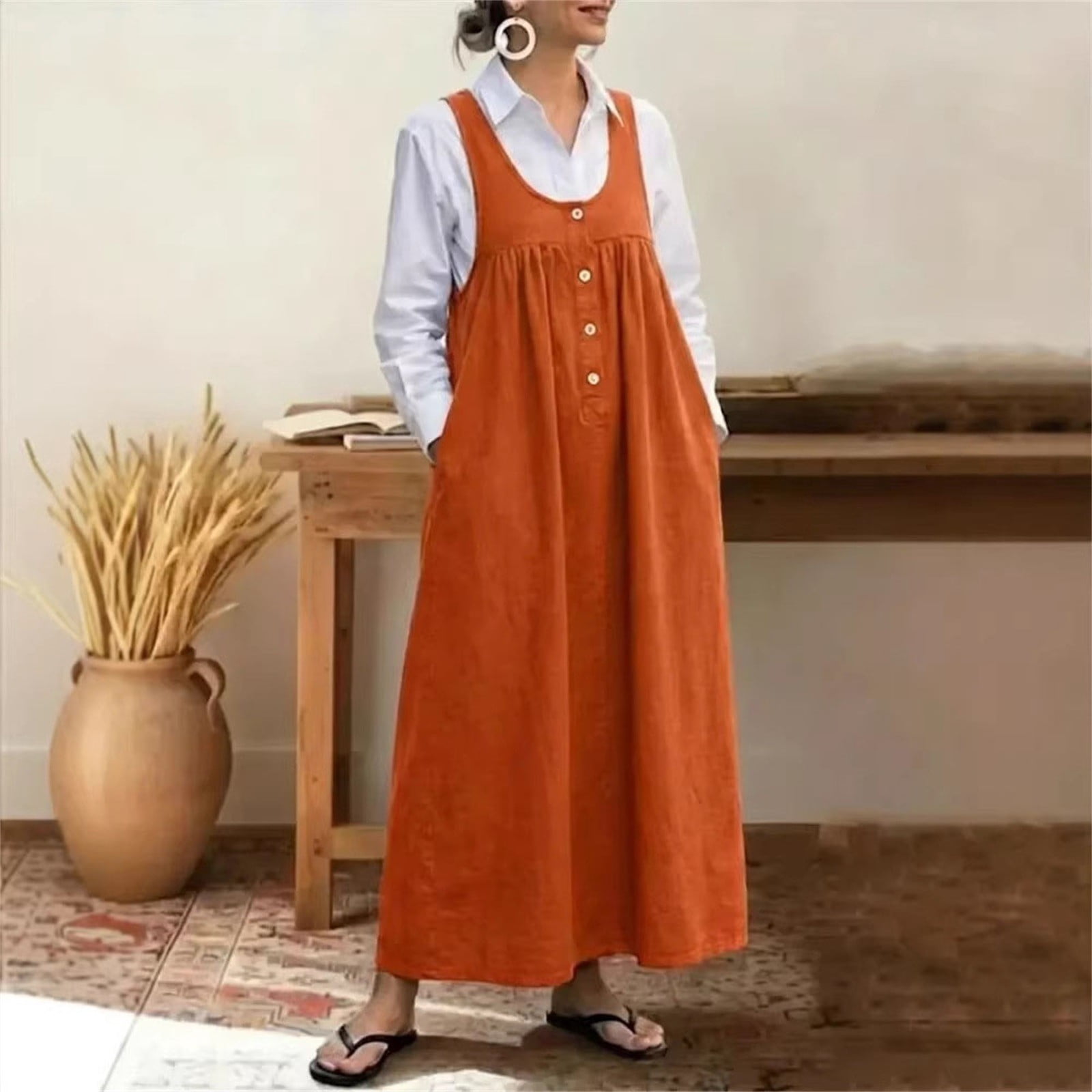 Women's Soild Color Corduroy Jumper Dress, Sleeveless V-Neck Flare Midi ...