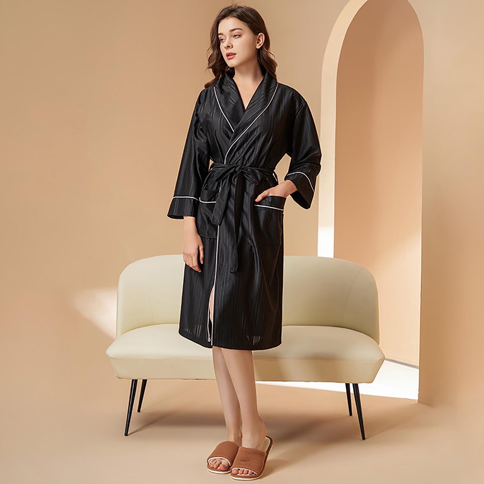 Women's Solid Color Autumn Elegant Casual Thin Couple Bathrobe Medium ...