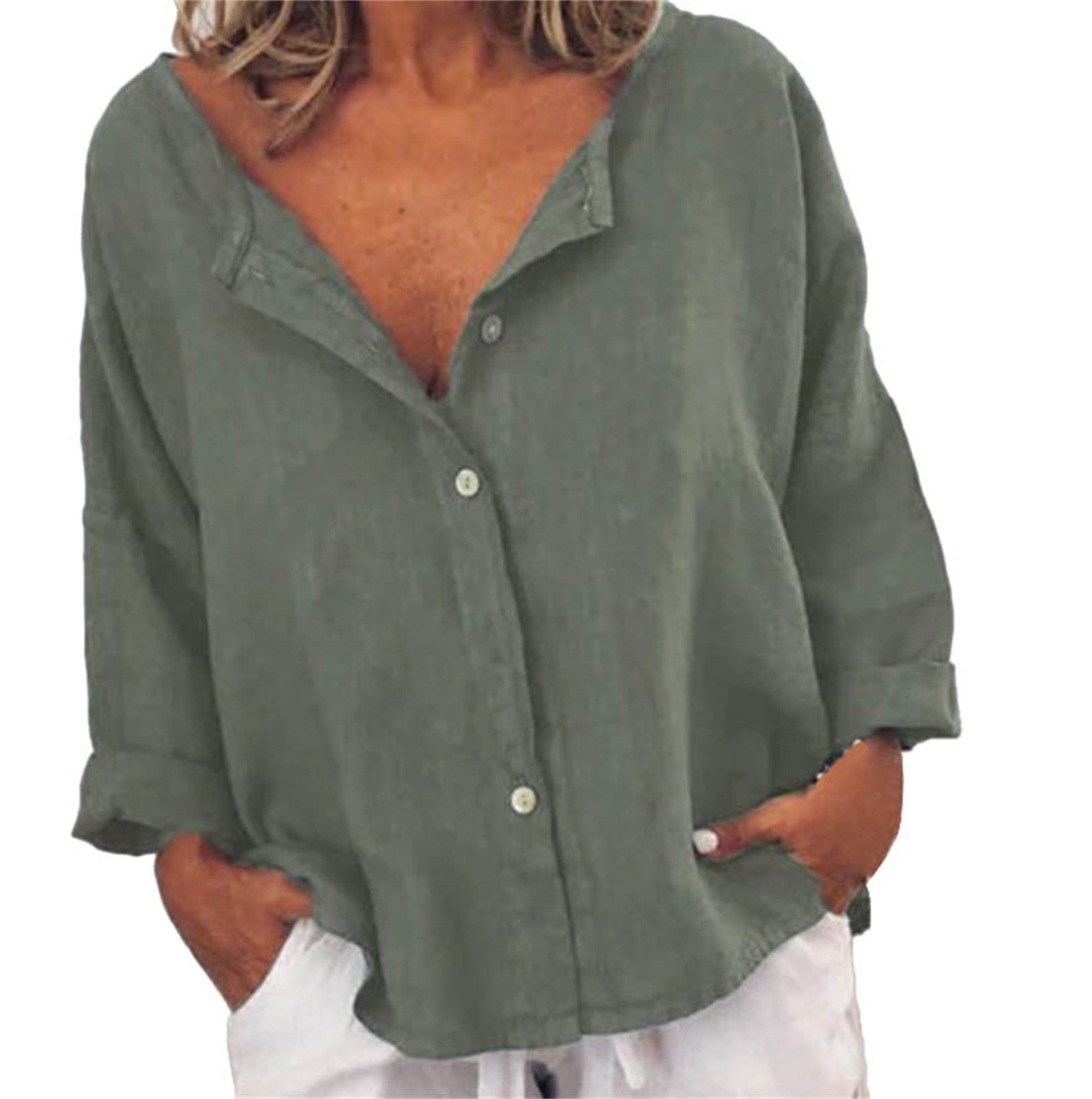 Women's Solid Color Cotton And Linen Single Long Sleeved Lapel Shirt ...