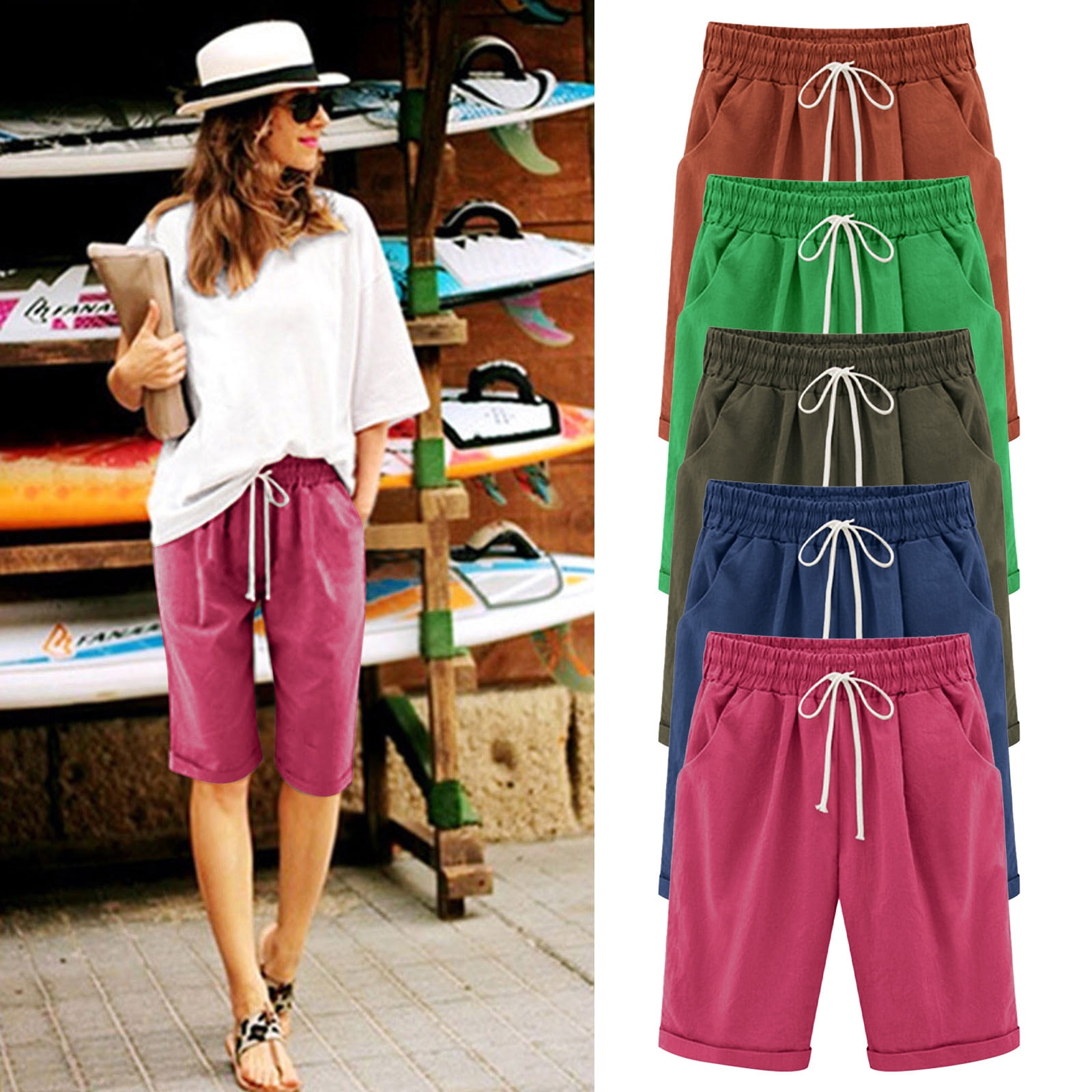 Women's Solid Color Five Part Pants and Shorts Trousers Bottoms Casual ...