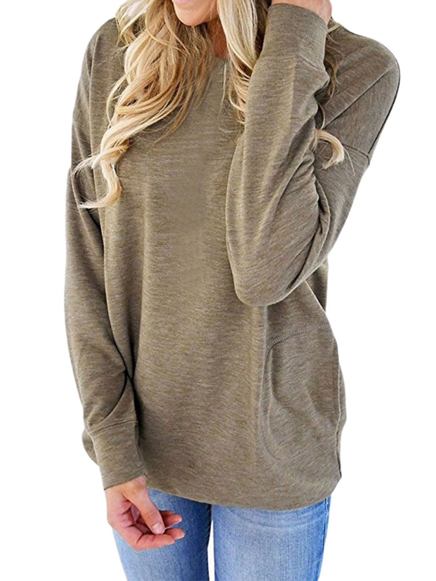 Nlife Women Solid Color Front Pocket Long Sleeve Autumn Casual Top ...