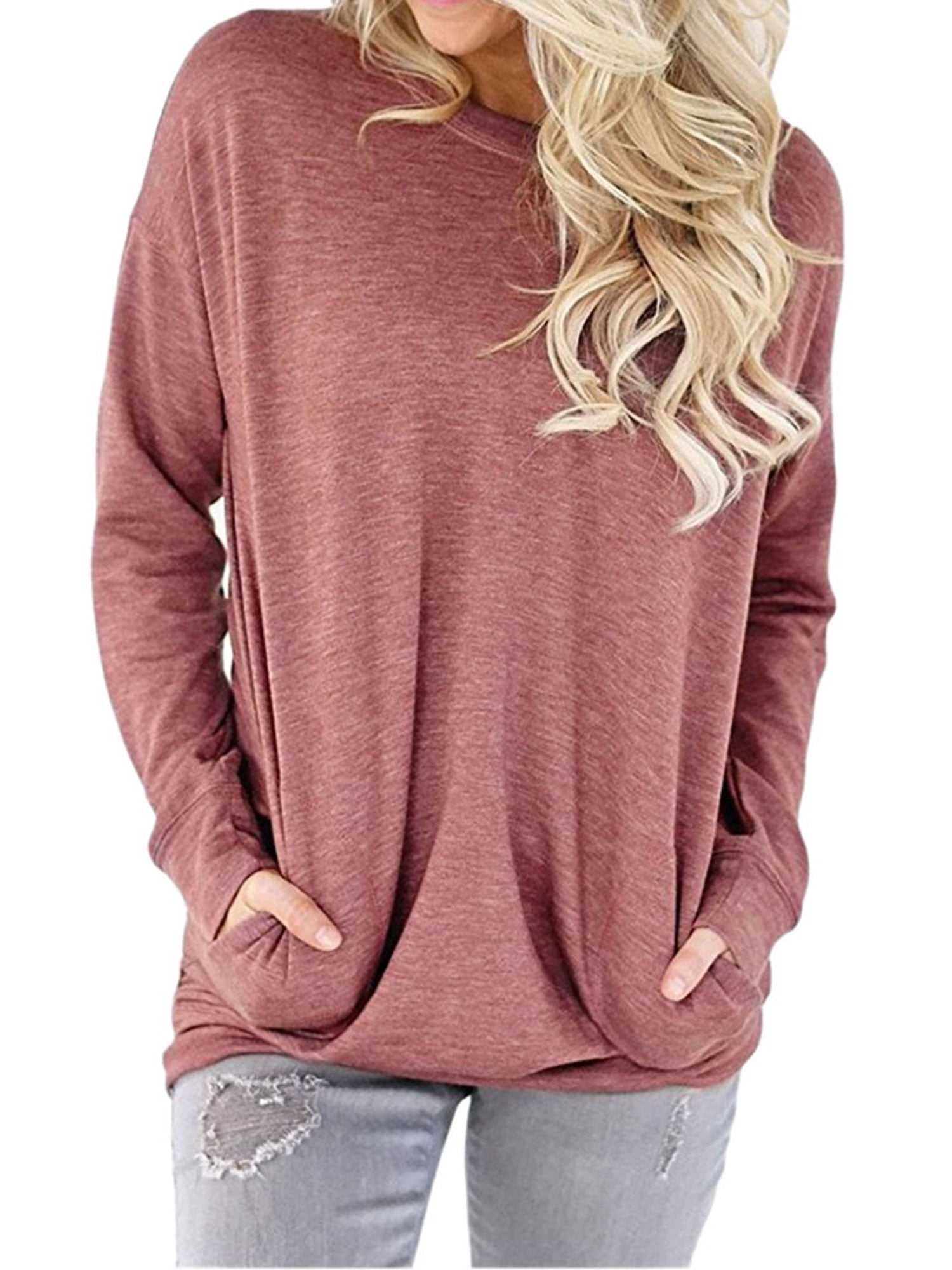 NFTOEIULA Women's Solid Color Long Sleeve Autumn Top with Front Pockets ...