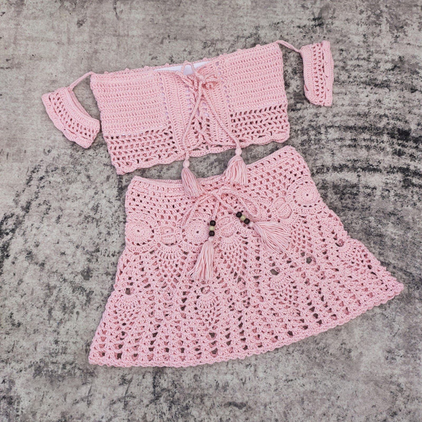 Women's Solid Color Hand Crochet Top Miniskirt Swimming Skirt Set ...