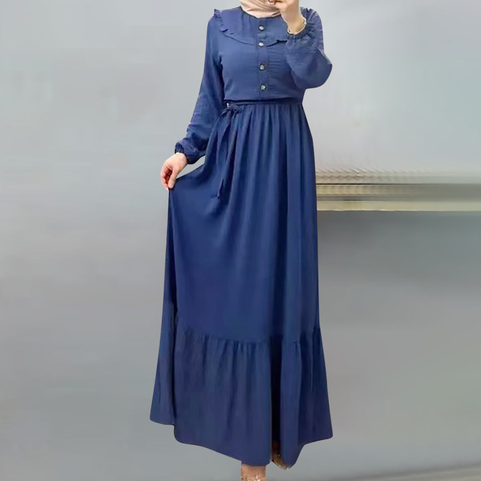 Women's Solid Color High Neck Belt Fashion Ruffle Dress Suit Designs ...