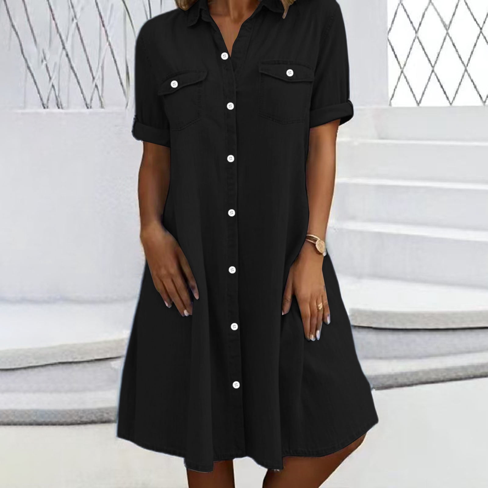 Women's Solid Color Lapel Button Down Denim Shirt Dress with Pocket ...