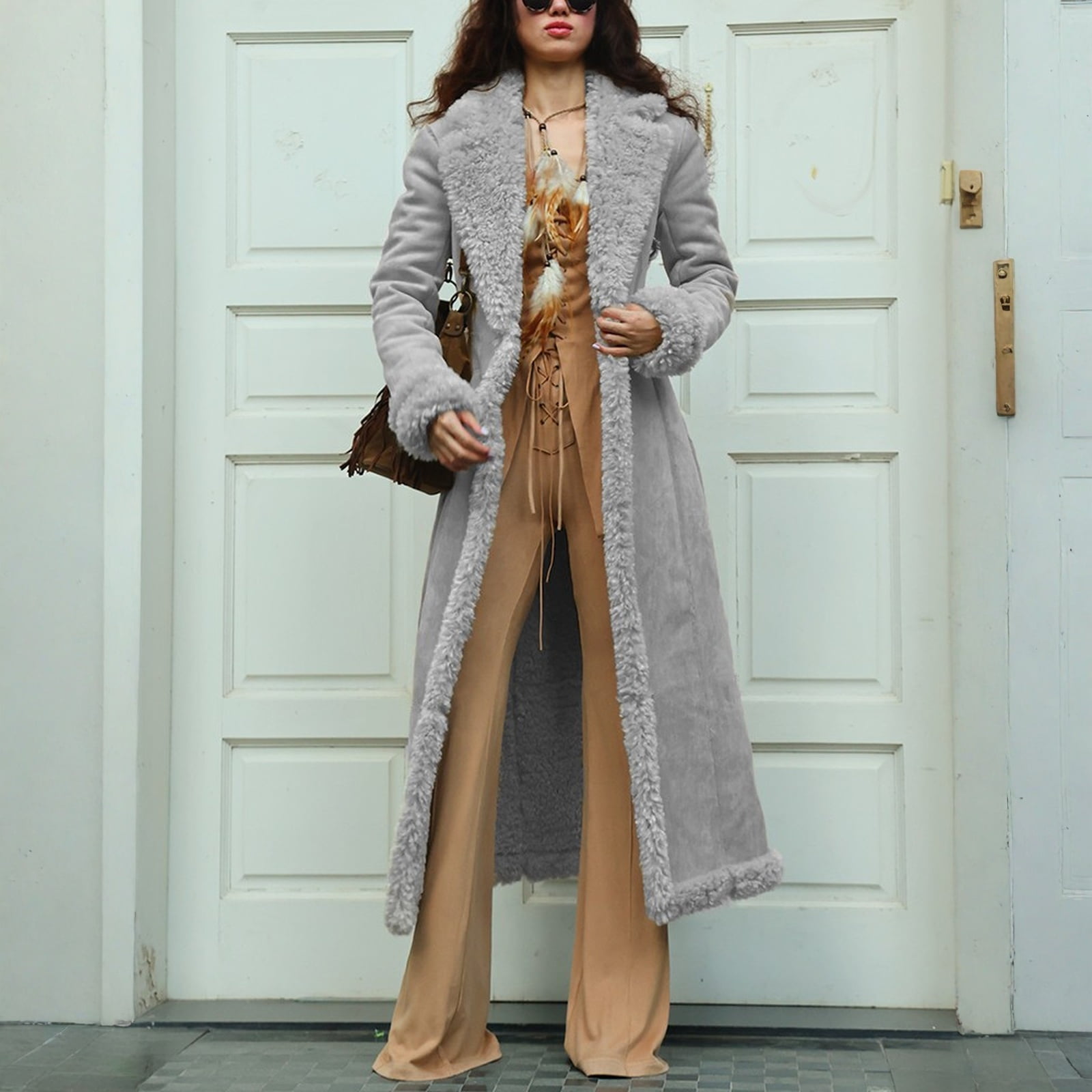 Women's Solid Color Long-Length Warm Winter Suede Wool Coat - Light ...