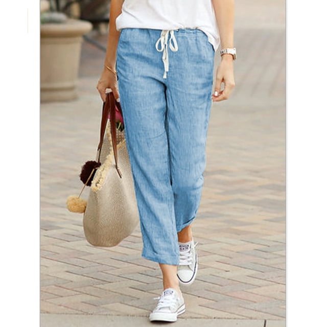 Women's Casual Solid Color Drawstring Elastic Waist Cotton Linen ...