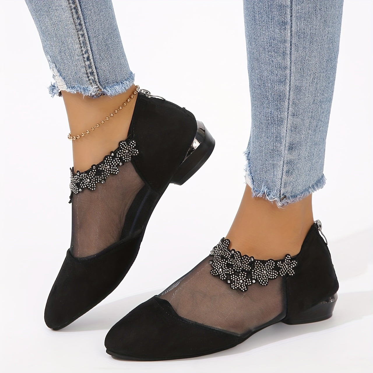 Women's Solid Color Mesh Sandals, Back Zipper Soft Sole Block Heel ...