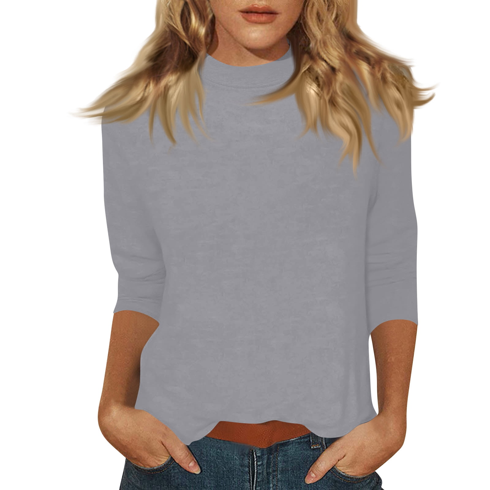 Women's Solid Color Mid-Neck 3/4 Sleeve Slim Fit Tops - Light Gray ...