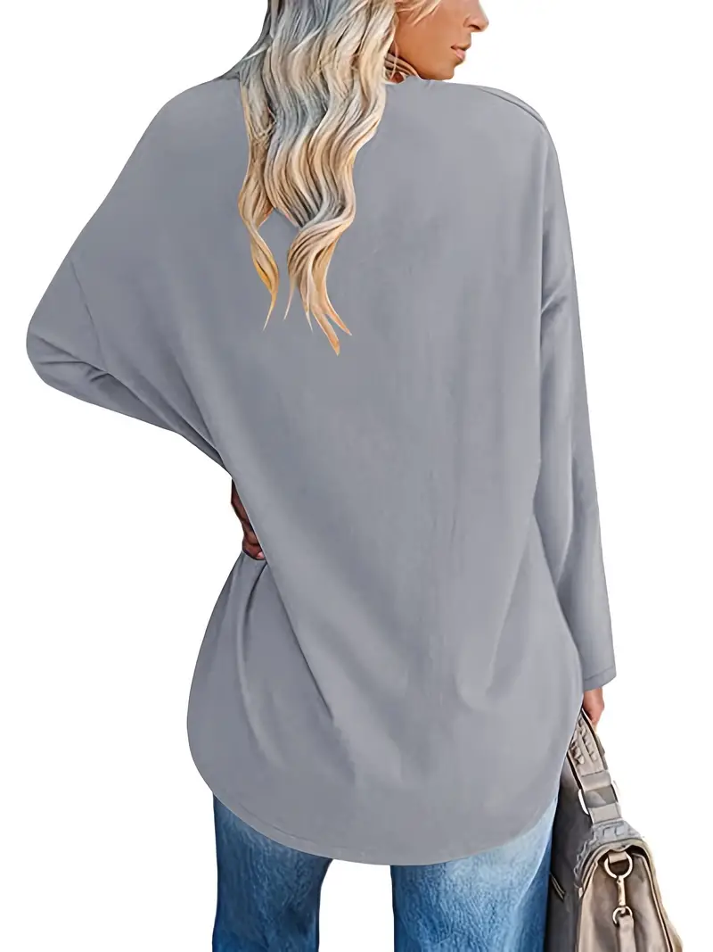 Women's Solid Color Oversized Tops, V-Neck Long Sleeve T-Shirts, Casual ...