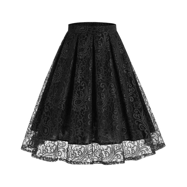 Womens Solid Color Pleated Vintage Skirt High Waist Lace Floral Flare