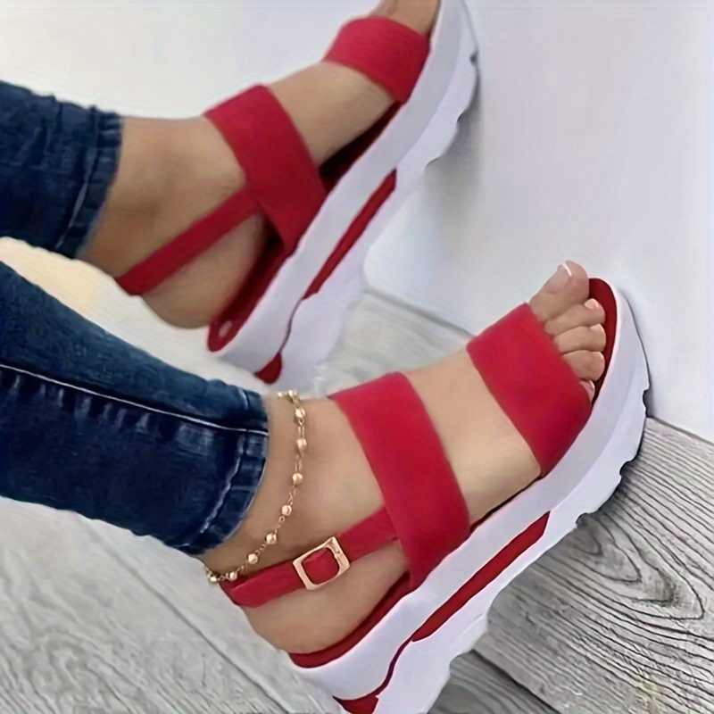 Women's Solid Color Sandal, Ankle Buckle Platform Casual Summer Shoes ...