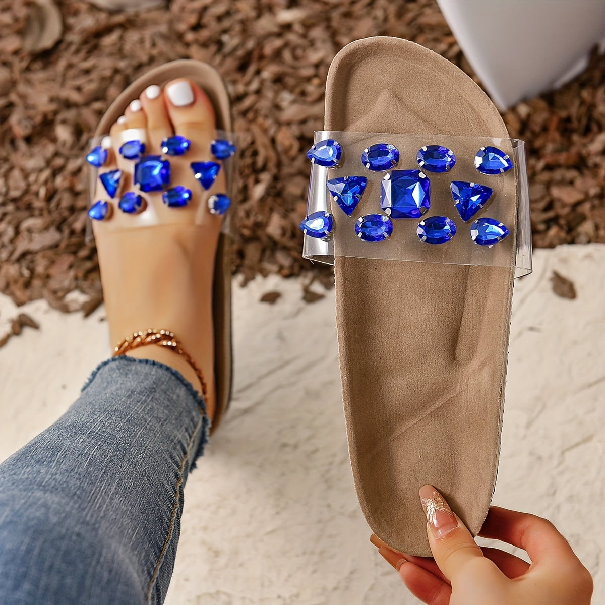 Women's Solid Color Sandals, Rhinestone Decor Lightweight Slip On Flats ...