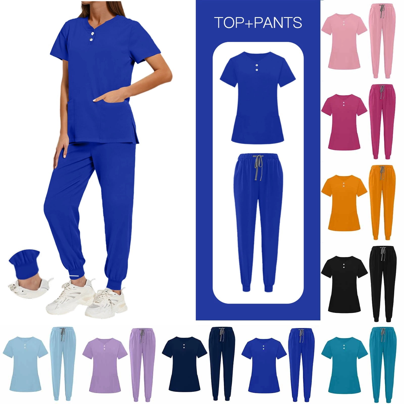 Women's Solid Color Scrubs Set - Loose Fit V-Neck Button Down Top with ...