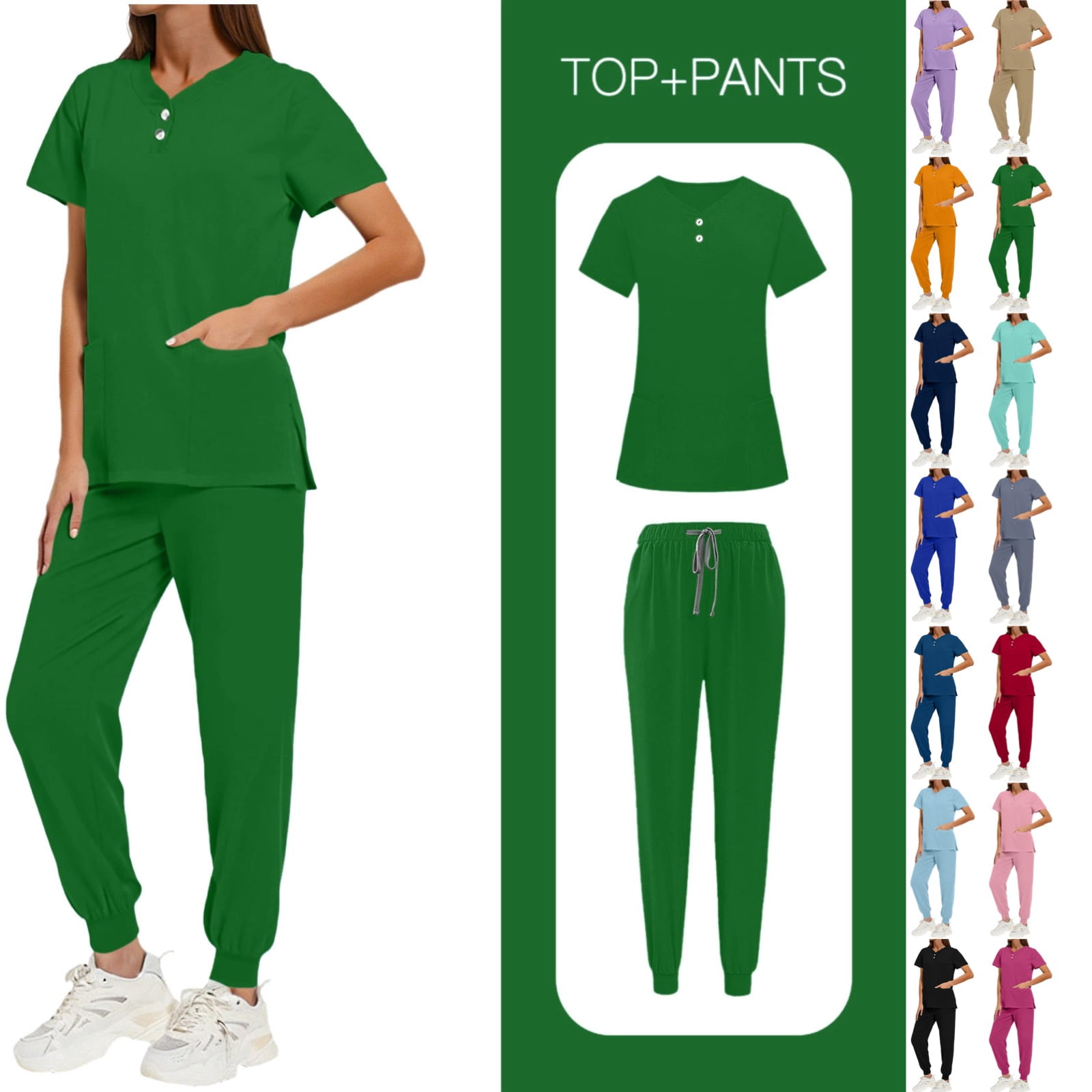 Women's Solid Color Scrubs Set - Loose Fit V-Neck Button Down Top with ...