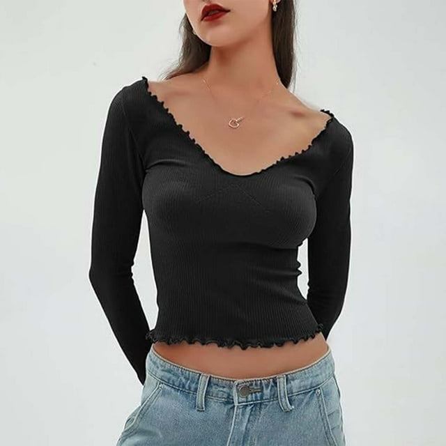Womens Solid Color Slim Fit Stretch Knitted Sweater Sexy V Neck Short