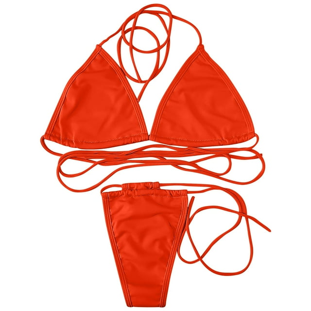 Womens Solid Color Strap Split Bikini Summer Beach Sexy Bikini Surplice Neck Bikini Swimsuit