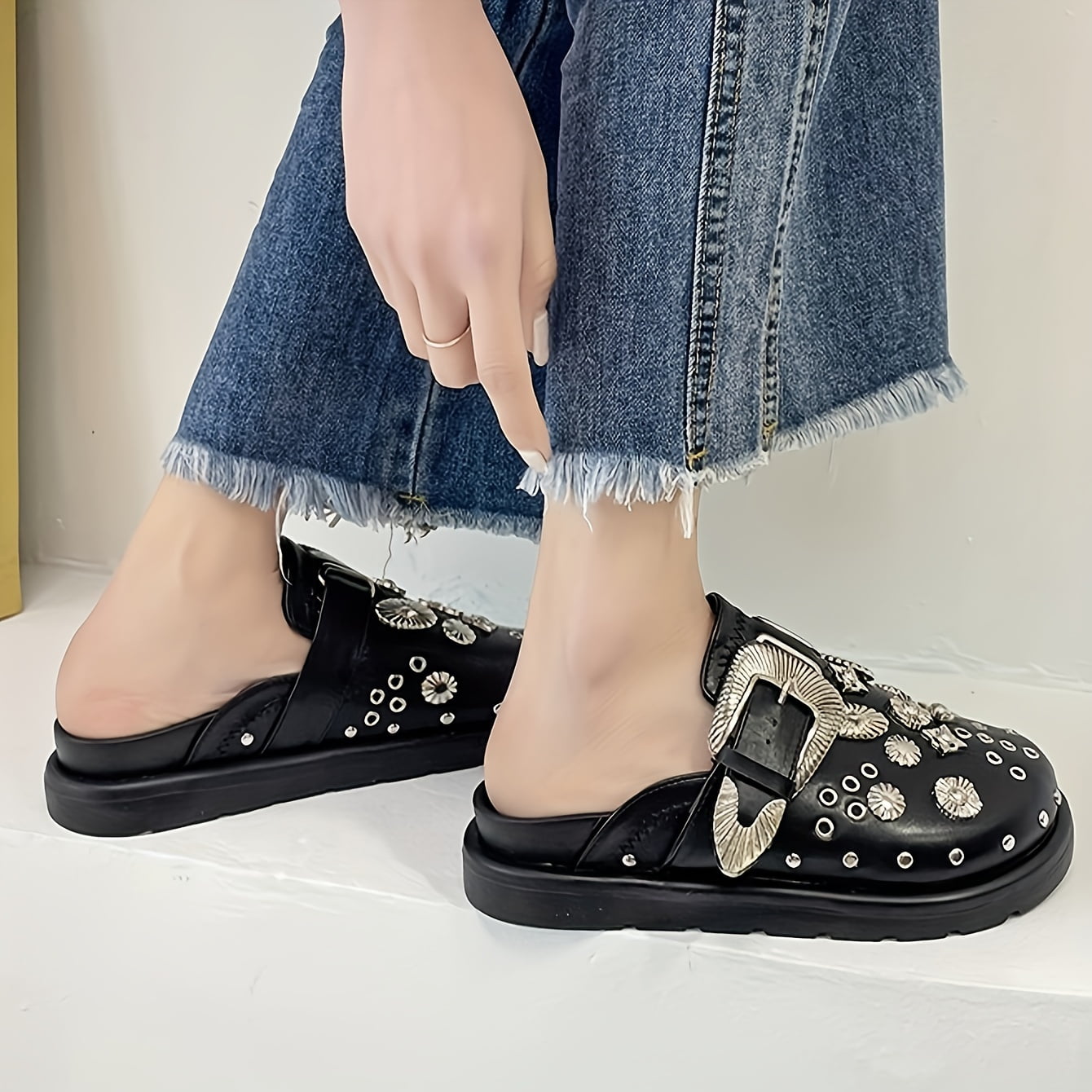 Women's Solid Color Stylish Clogs, Platform Soft Sole Metallic Studded ...