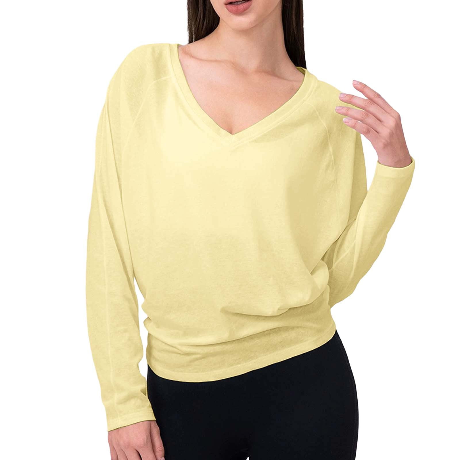 Women's Solid Color Tee Long Sleeve Basic Solid Color Blouses V-Neck ...