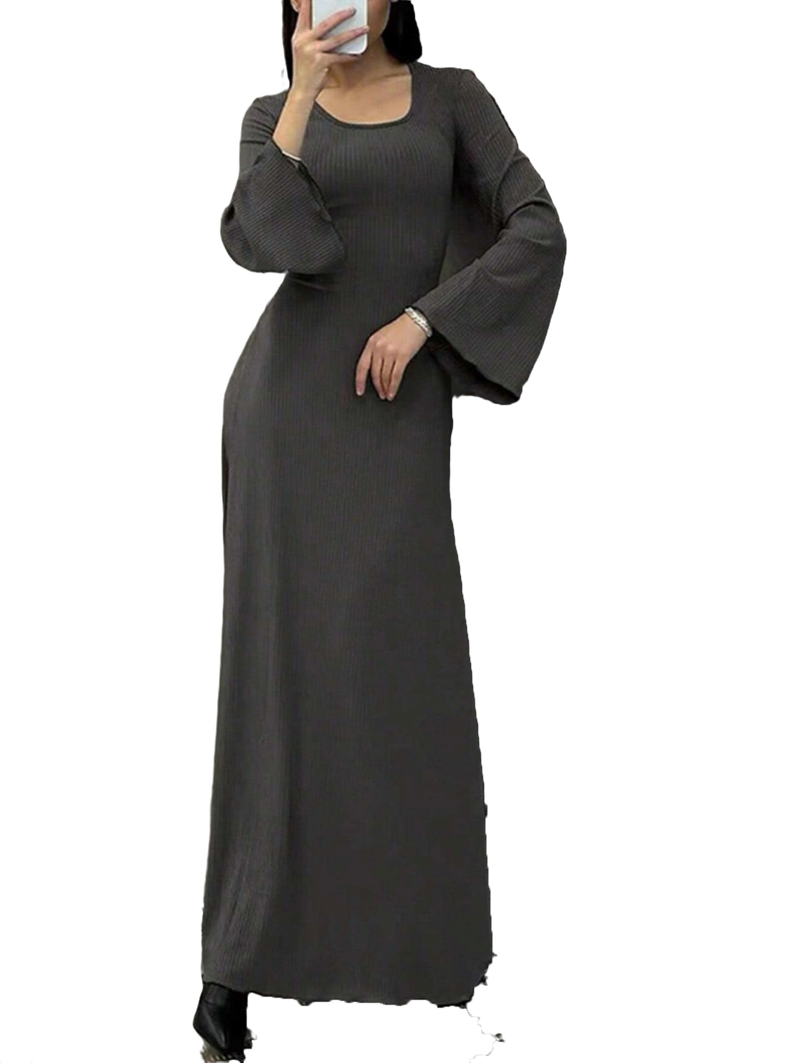 Women's Solid Dark Gray Square Neck Flounce Sleeve Bodycon Evening Gown ...