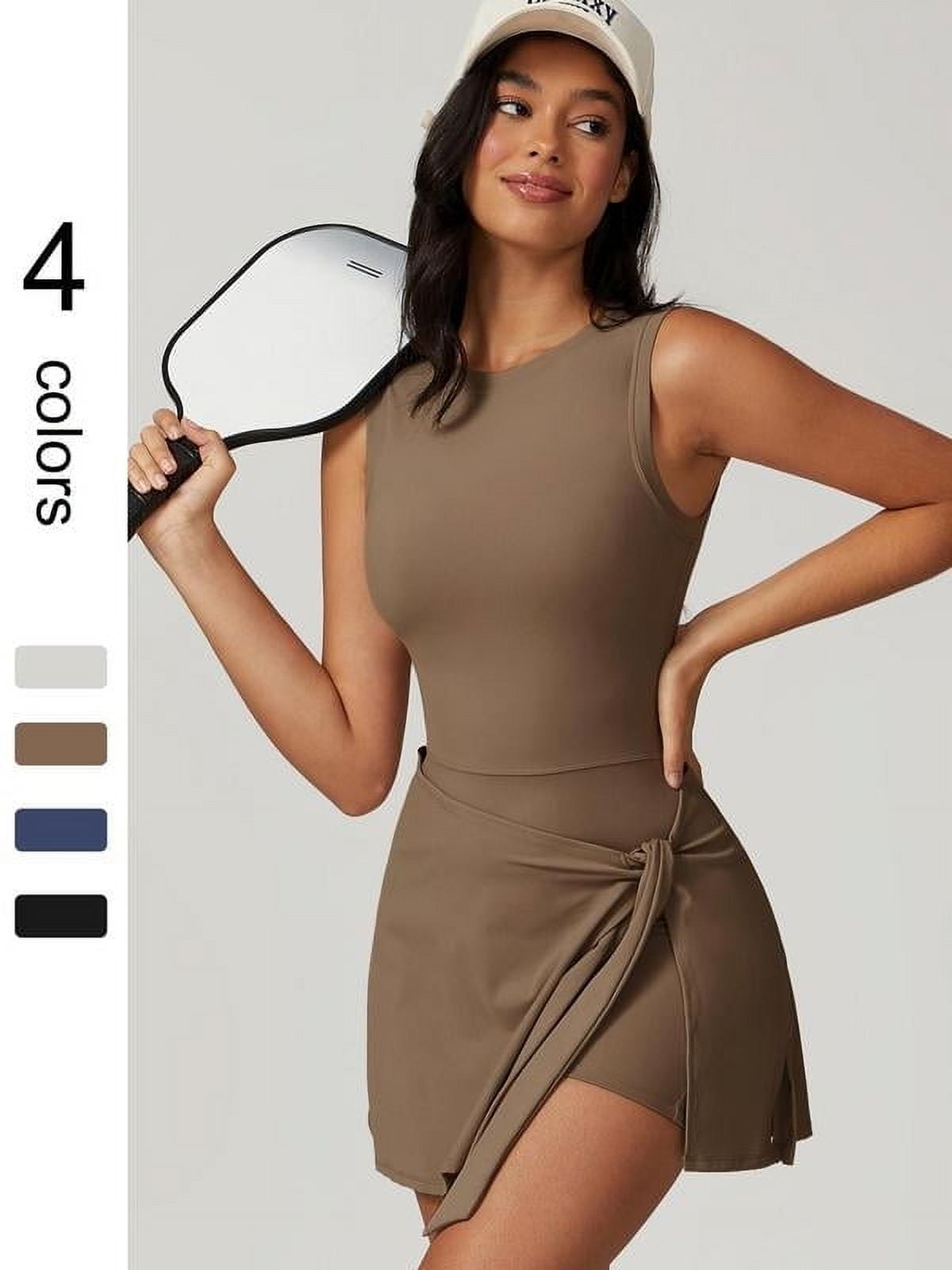 Women's Solid Knot Wrap Sports Tank Romper, Casual Round Neck Romper ...